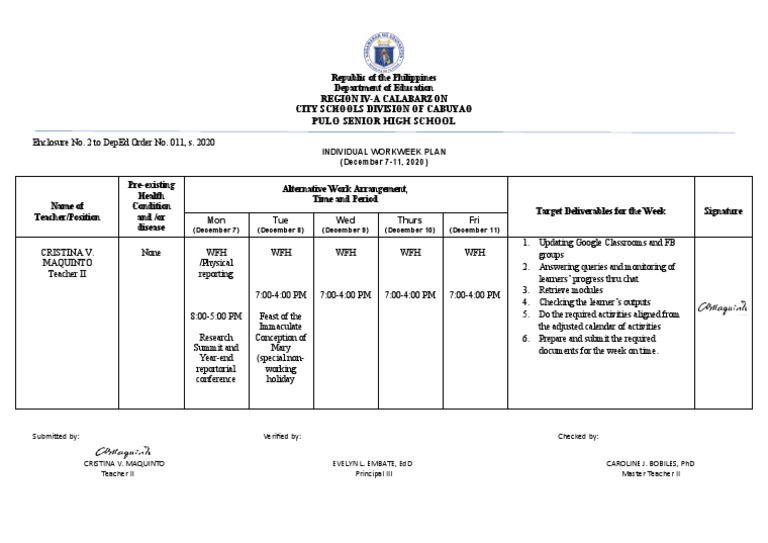 Dec 7-11-INDIVIDUAL WORKWEEK PLAN, 2020 | PDF | Learning | Behavior Modification