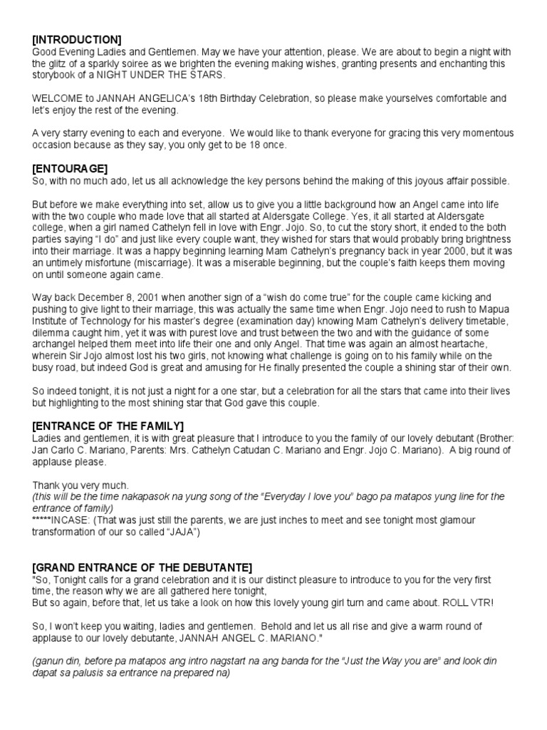 Script For Debut ANGEL | PDF | Birthdays