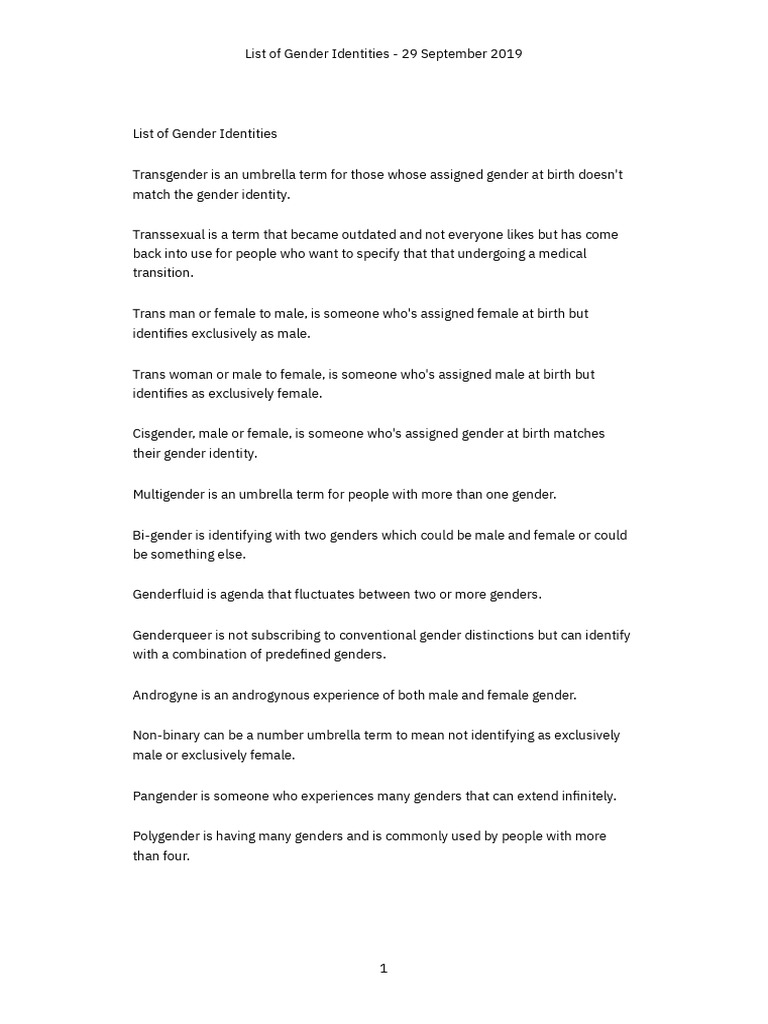 Comprehensive Gender Identity List | PDF | Social Science | Wellness