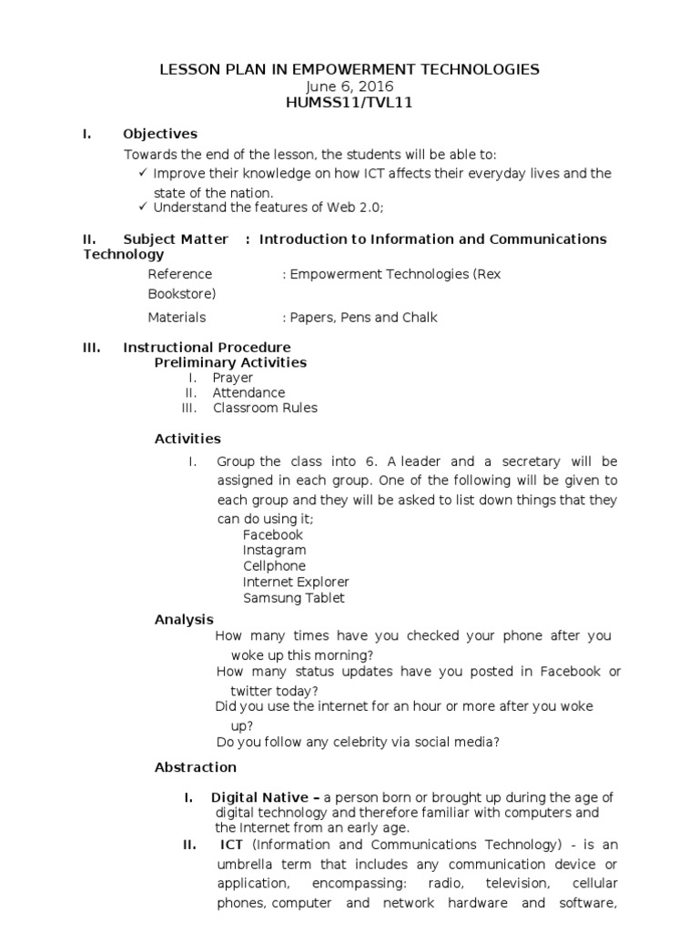 Empowerment Technologies Lesson Plan | PDF | Educational Technology ...