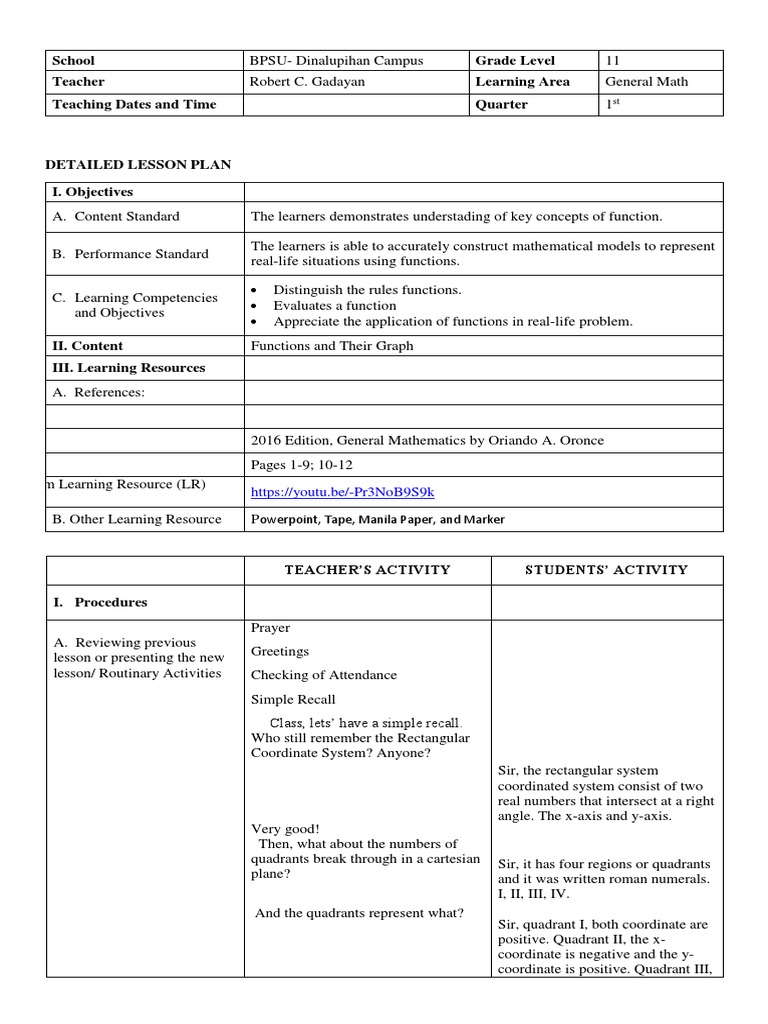 Lesson Plan-Function | PDF | Domain Of A Function | Function (Mathematics)