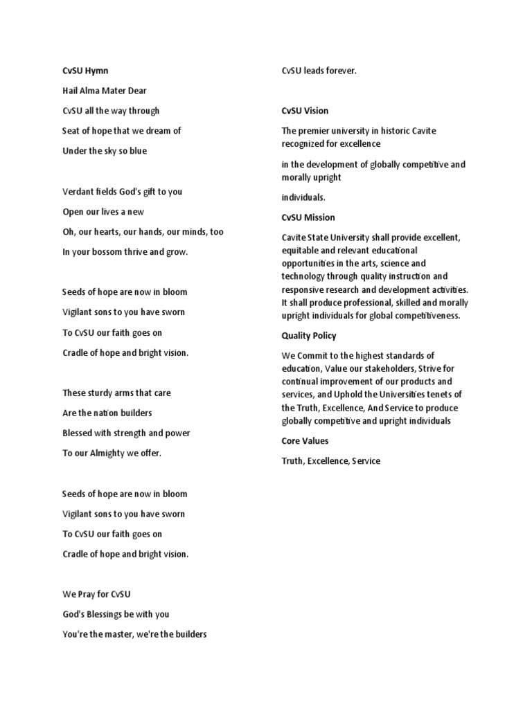 CVSU Hymn, MVQP | PDF