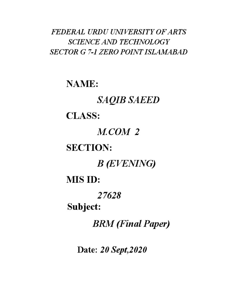 Saqib Saeed M.com 2-B BRM Final PPR | PDF | Sampling (Statistics) | Experiment
