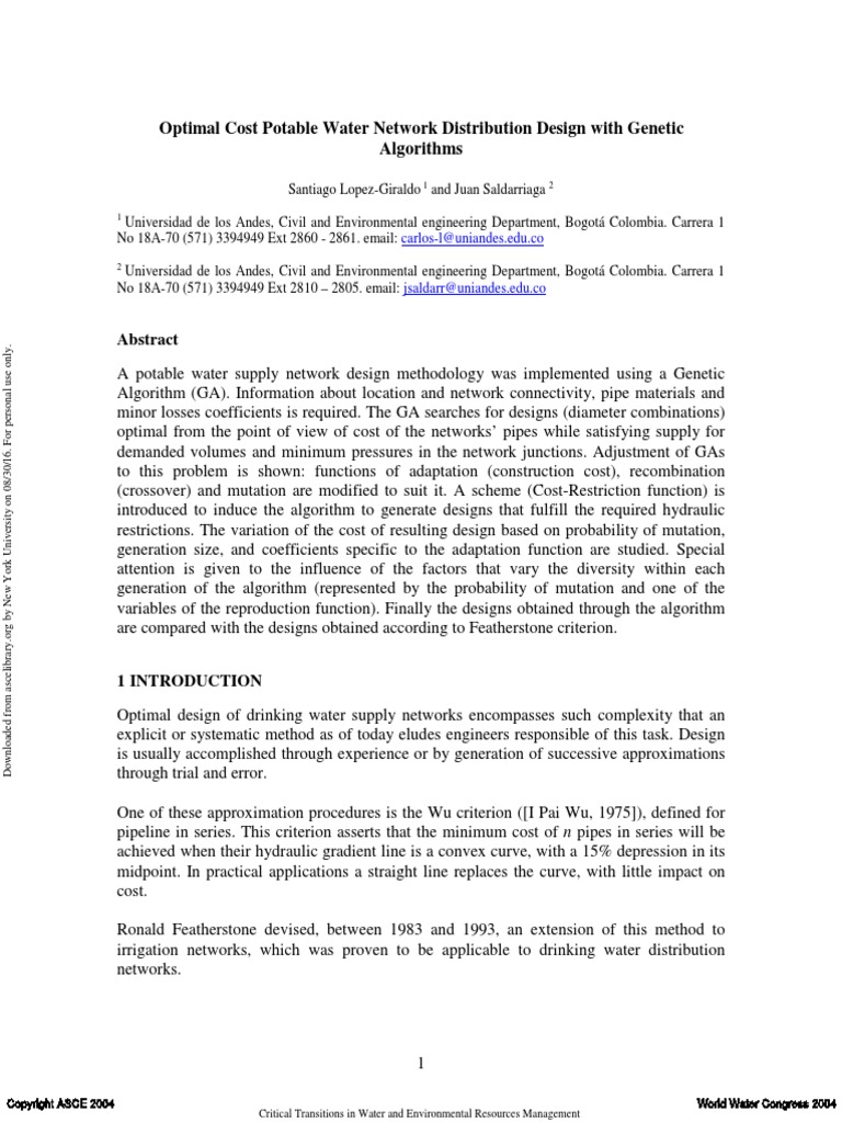 Optimal Cost Potable Water Network Distribution Design With Genetic ...