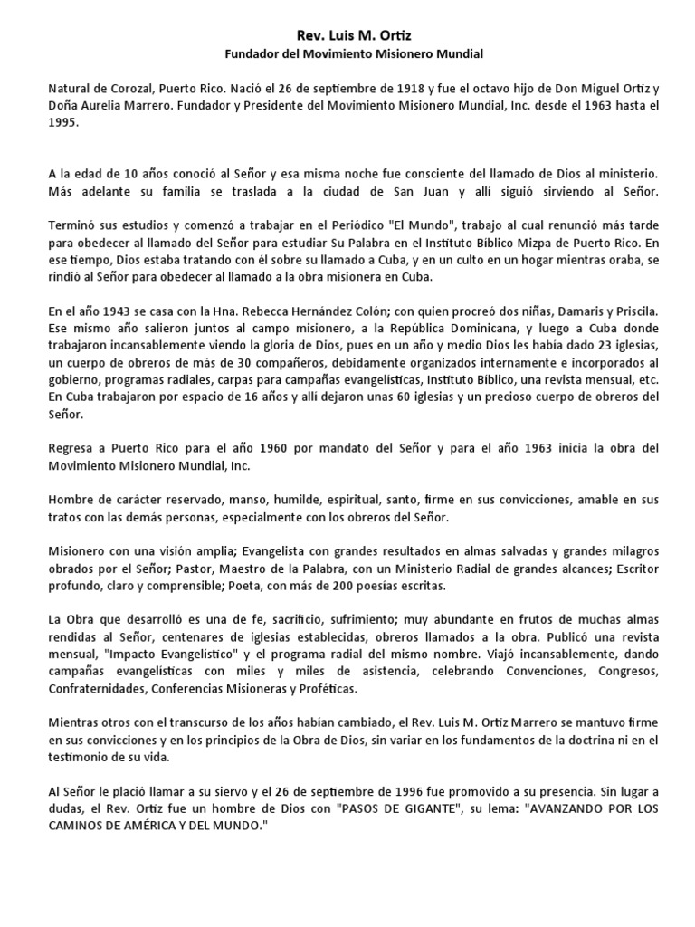Biografia Luis M. Ortiz (Fundador Del Movimiento Misionero Mundial) | PDF