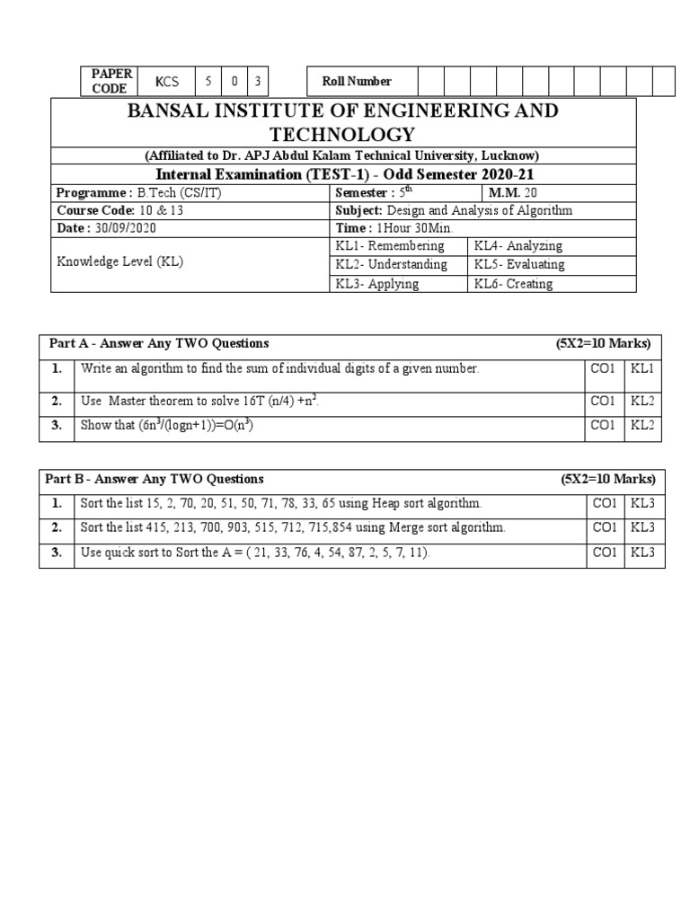 DAA TEST 1 Odd Sem 2020-21 | PDF