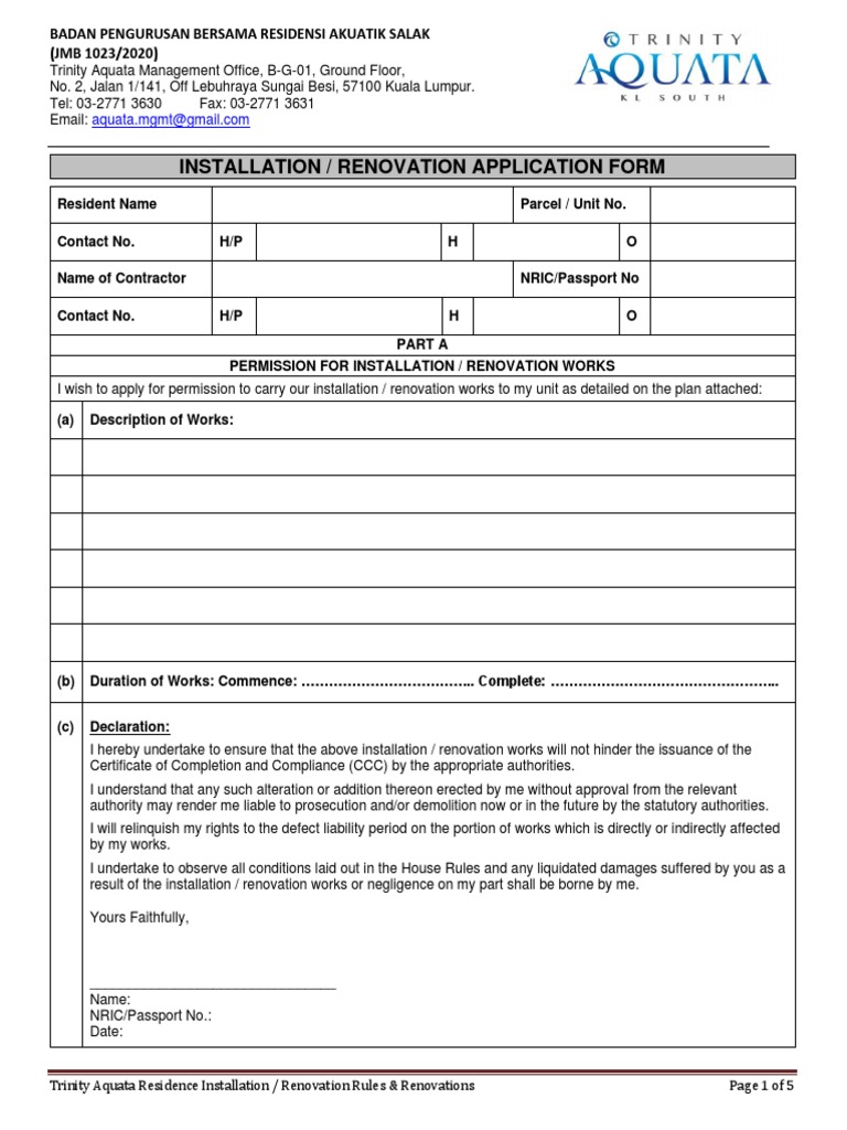 Installation / Renovation Application Form: Badan Pengurusan Bersama ...