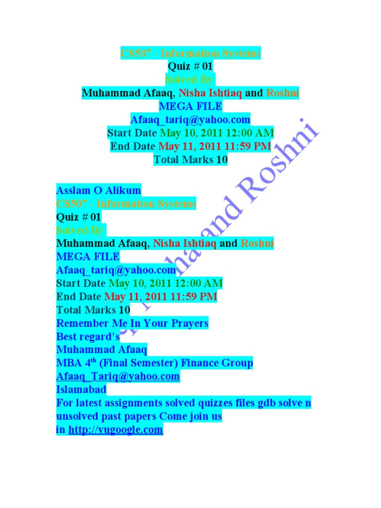 CS507 Quiz 01 Megafileby Afaaq | PDF | Decision Support System | System