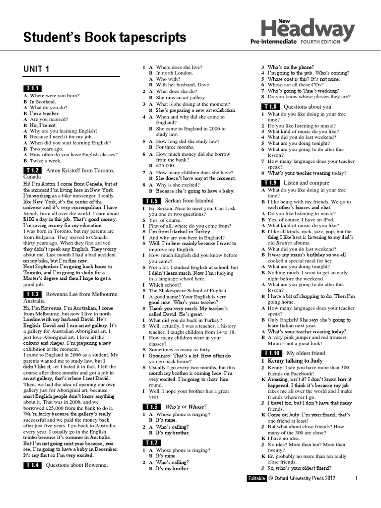 Student's Book Tapescripts: Unit 1 | PDF | English Language ...