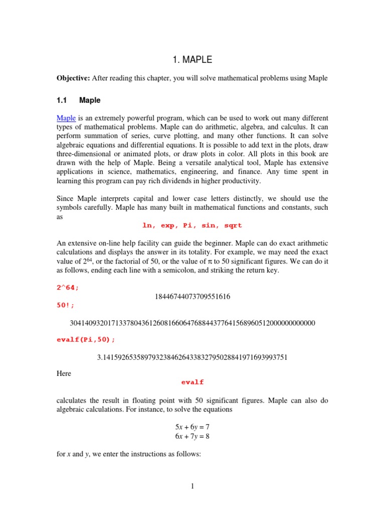 Maple: Objective: After Reading This Chapter, You Will Solve Mathematical Problems Using Maple ...