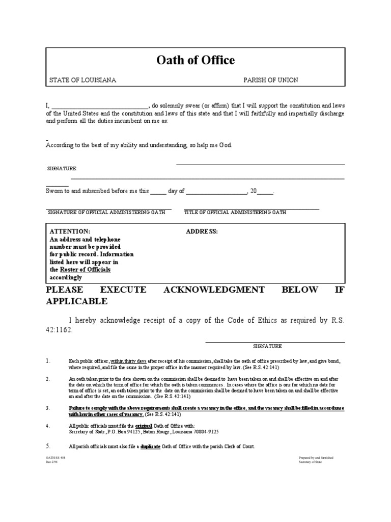 Oath of Office: Please Execute Acknowledgment Below If Applicable | PDF ...