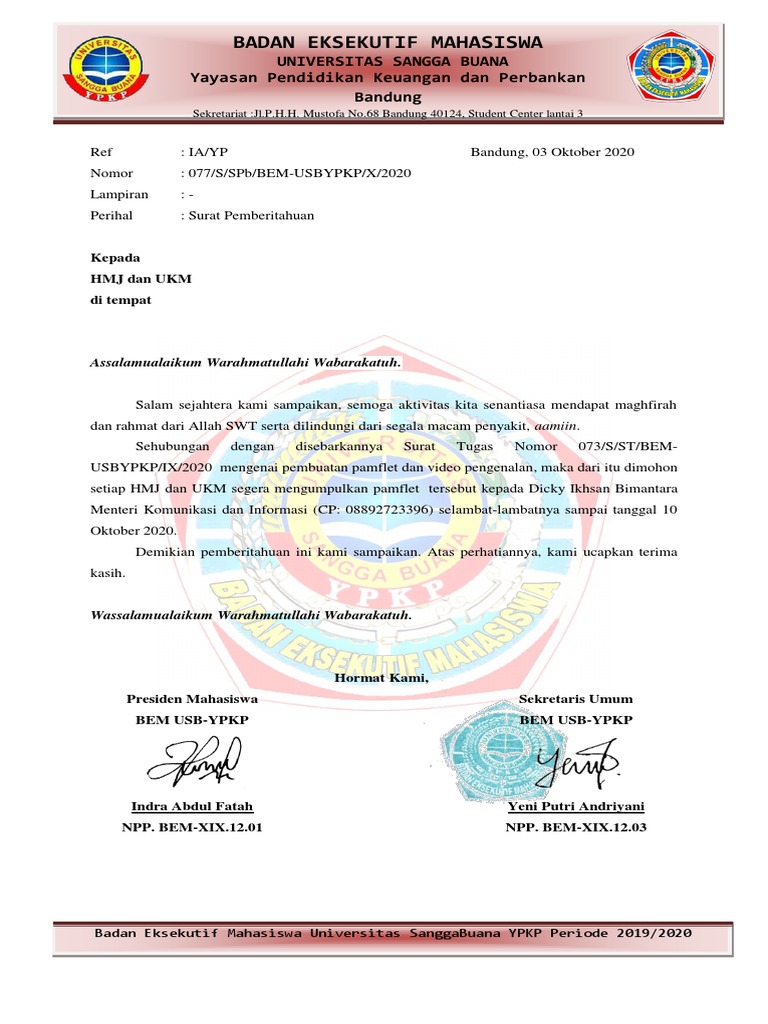 Pemberitahuan Pengumpulan Pamflet BEM USB-YPKP | PDF | Pengelolaan ...