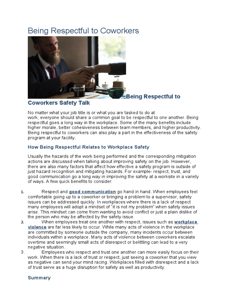Being Respectful To Coworkers Safety Talk | Download Free PDF ...