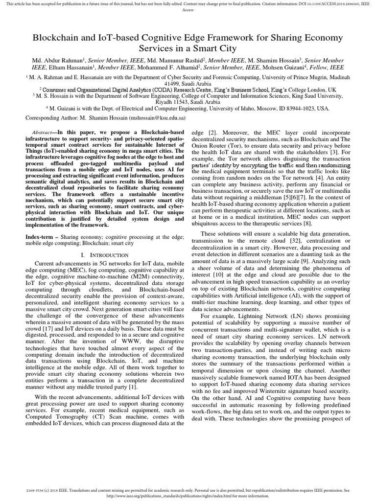 Blockchain And Iot Based Cognitive Edge Framework For Sharing Economy