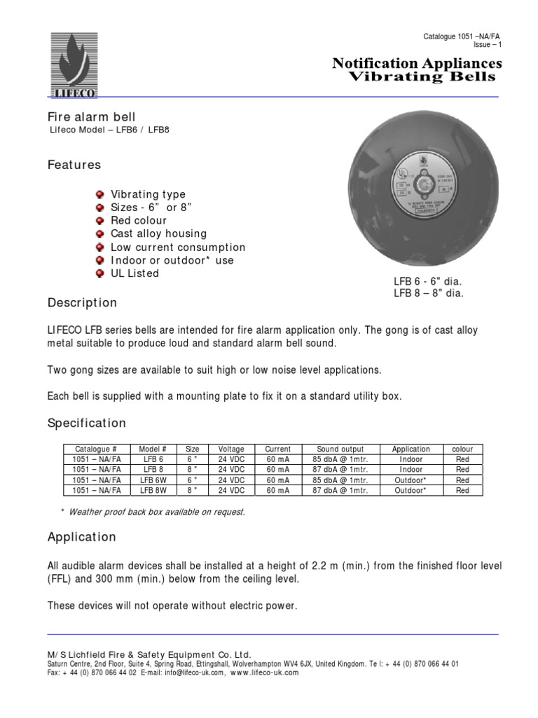 Fire Alarm Bell: Lifeco Model - LFB6 / LFB8 | PDF