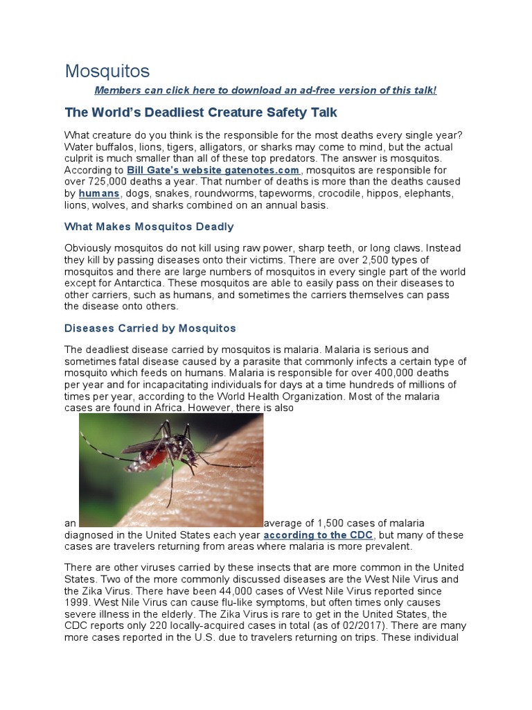 Mosquitos: The World's Deadliest Creature Safety Talk | PDF | Zika ...