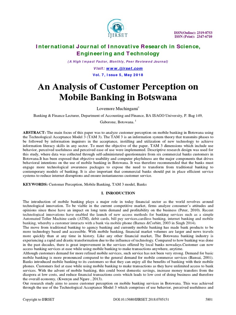 An Analysis Of Customer Perception On Mobile Banking In Botswana Pdf Usability Banks