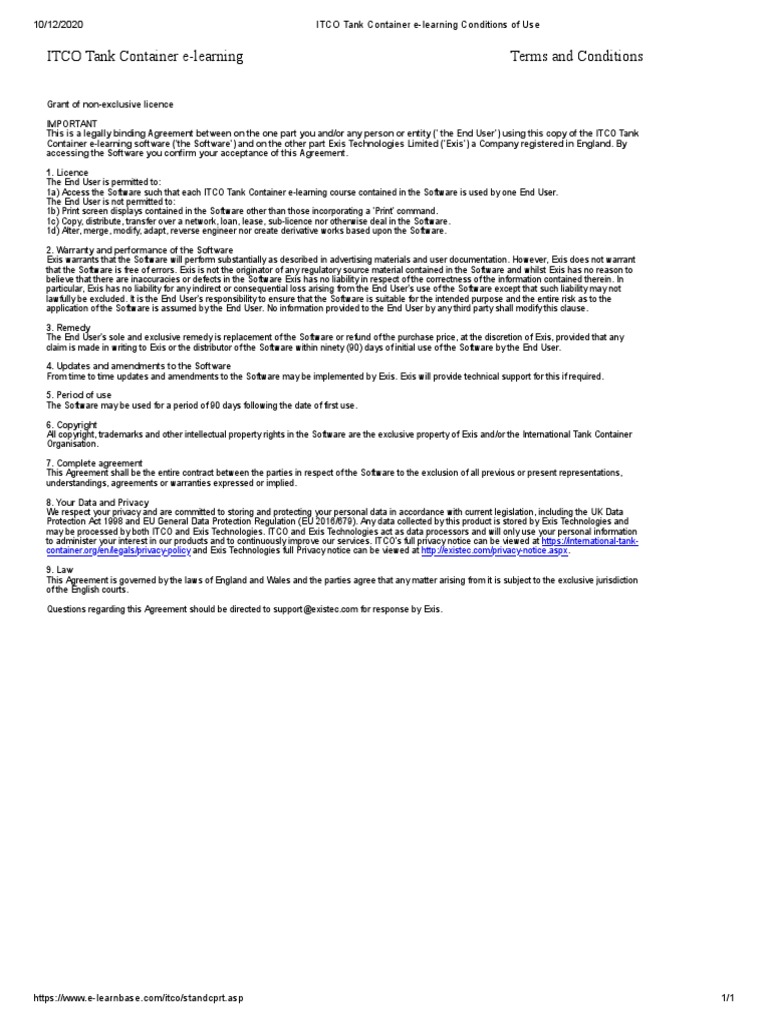 ITCO Tank Container E-Learning Conditions of Use | PDF | Privacy ...
