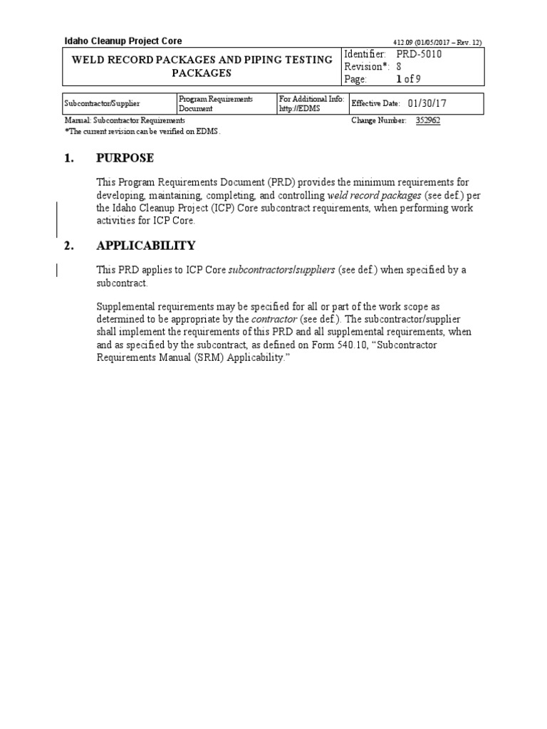 Purpose: Weld Record Packages and Piping Testing Packages 1 of 9 | PDF ...