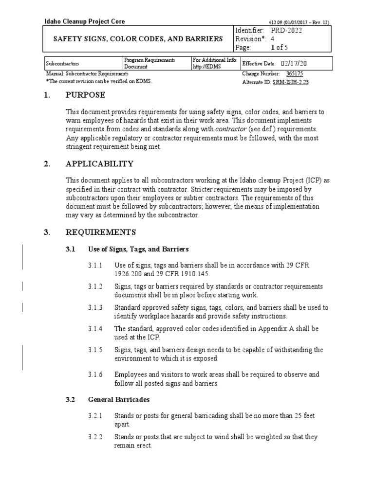 Purpose: Safety Signs, Color Codes, and Barriers 1 of 5 | PDF | Hazards ...