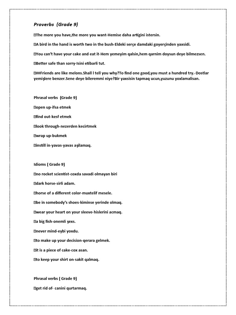 Proverbs, Idioms - Grade 9 | PDF