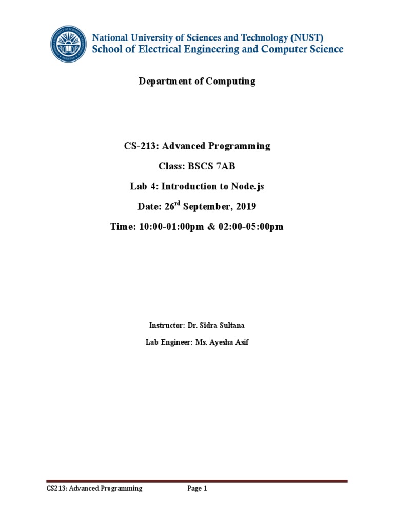 Department of Computing: Instructor: Dr. Sidra Sultana Lab Engineer: Ms. Ayesha Asif | PDF ...