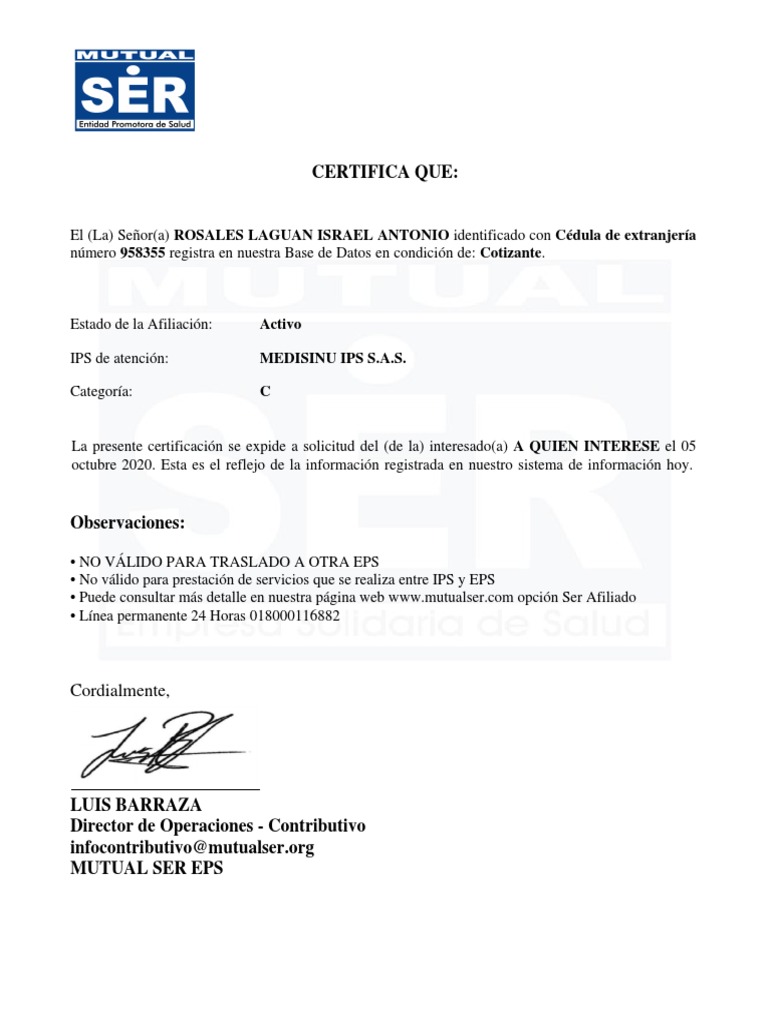 Certificado de Afiliación Mutual Ser | PDF