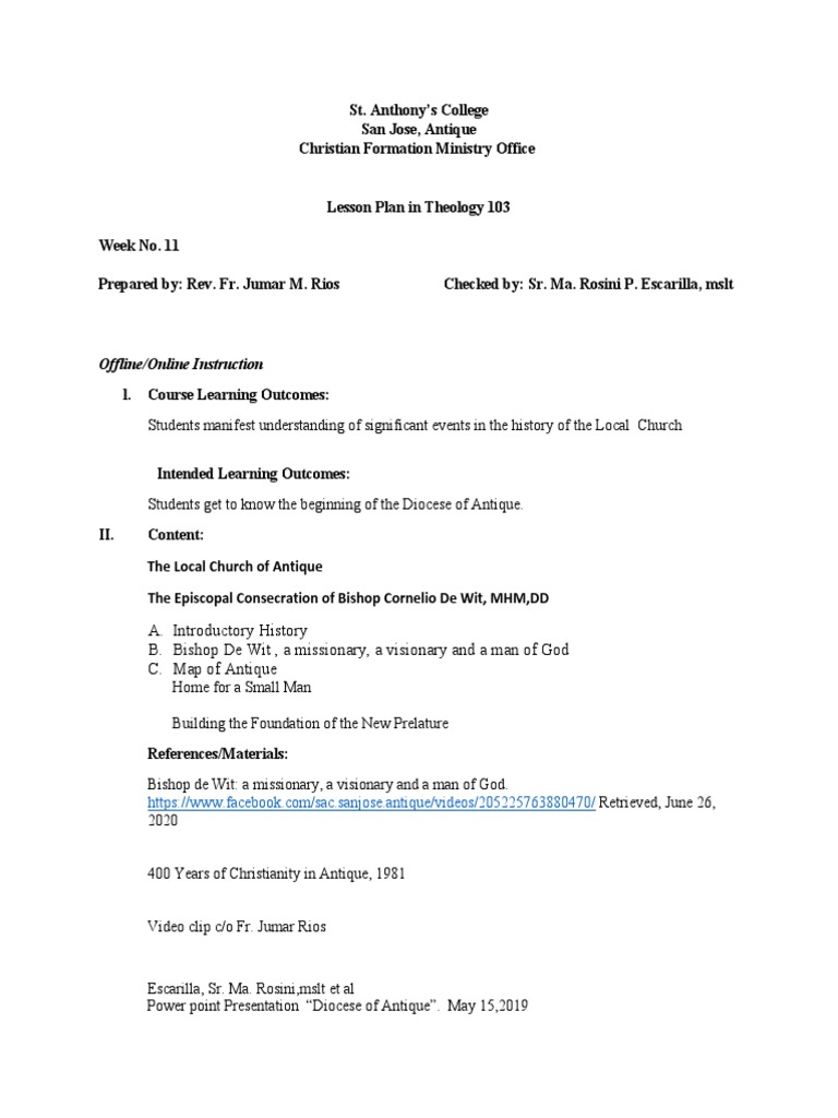 Lesson Plan (Week 11-12) | PDF | Diocese | Christian Denominational ...