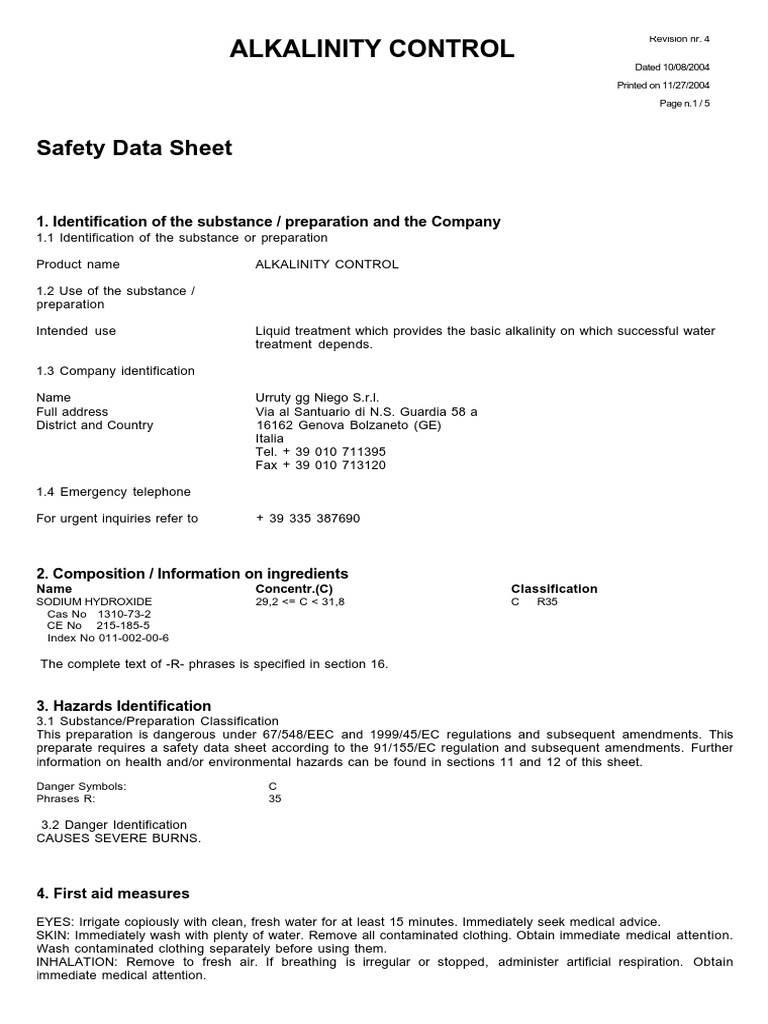 Alkalinity Control: Safety Data Sheet | PDF | Dangerous Goods | Sodium ...