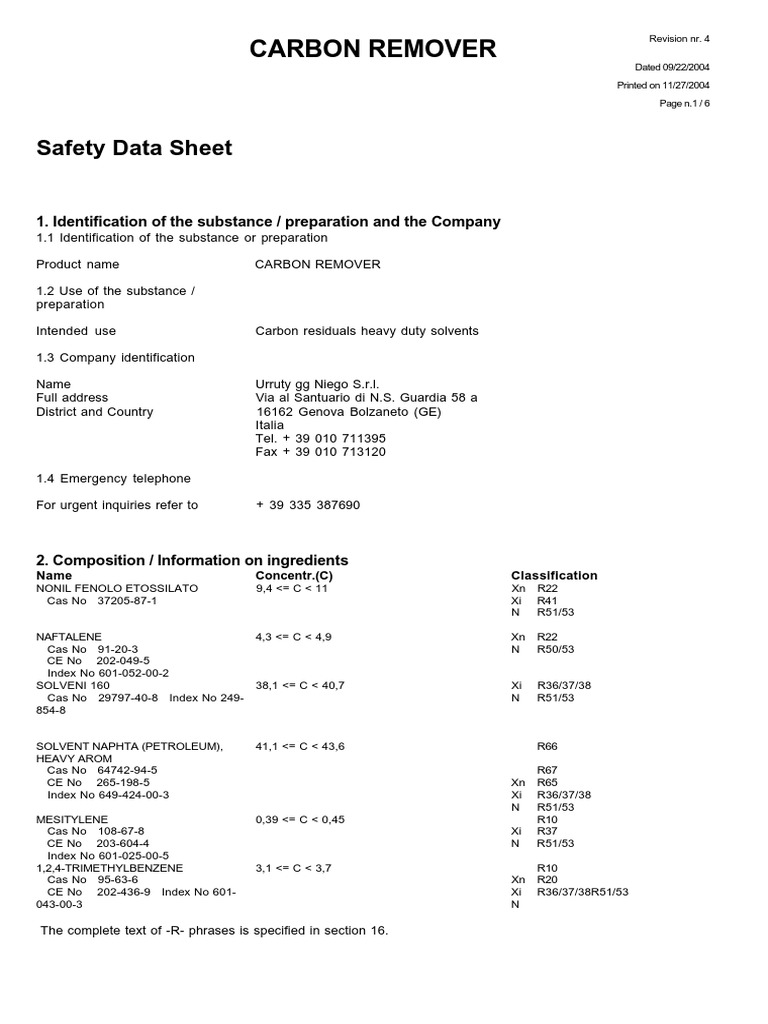Carbon Remover: Safety Data Sheet | PDF | Toxicity | Dangerous Goods