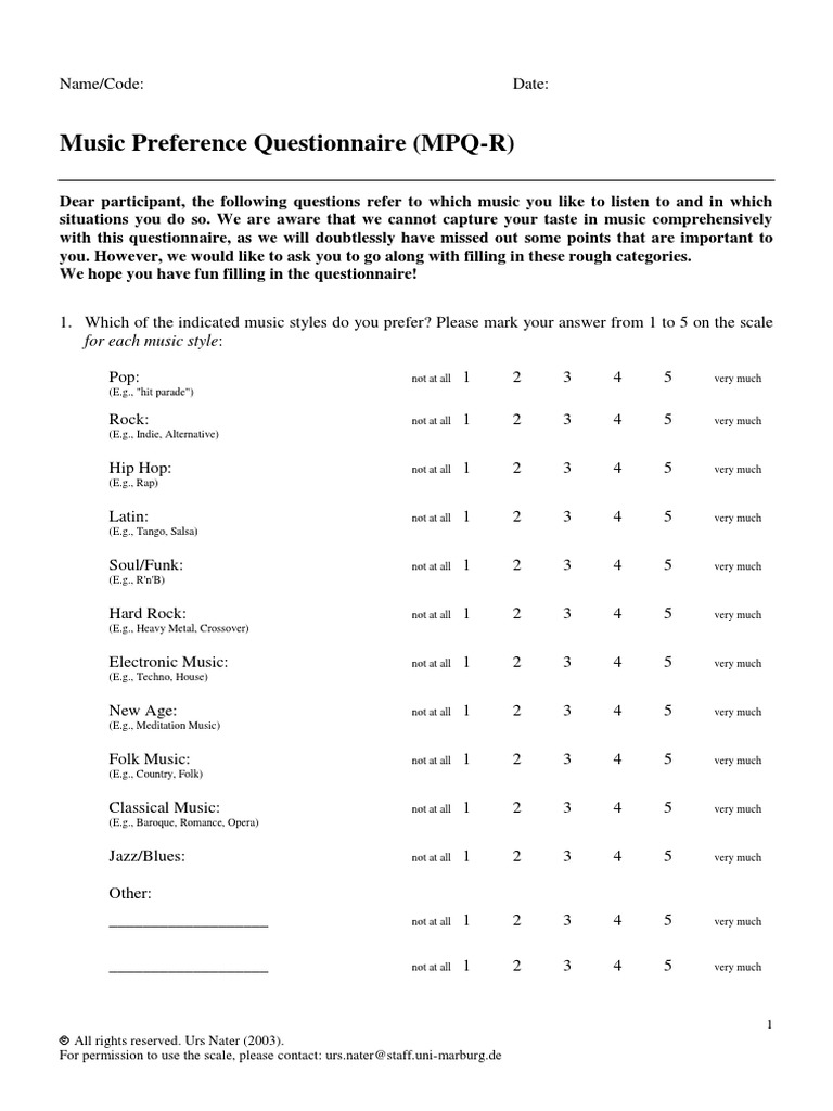 Music Preference Questionnaire (MPQ-R) | PDF | Hip Hop Music ...