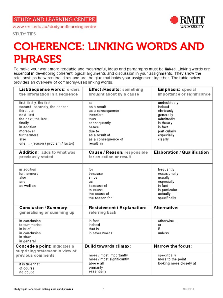 Linking Words for Coherent Writing | PDF | Phrase | Verb