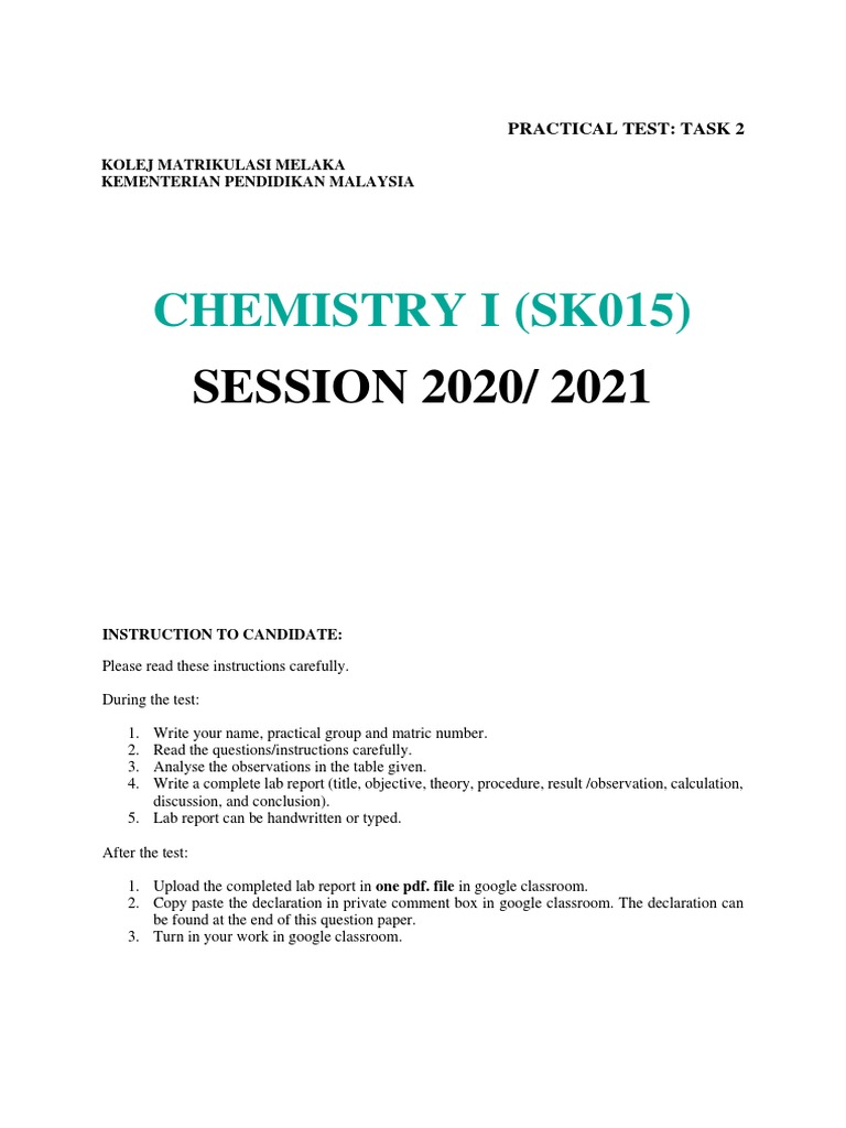 (QUESTION TASK 1) Practical Test | PDF | Titration | Chemistry