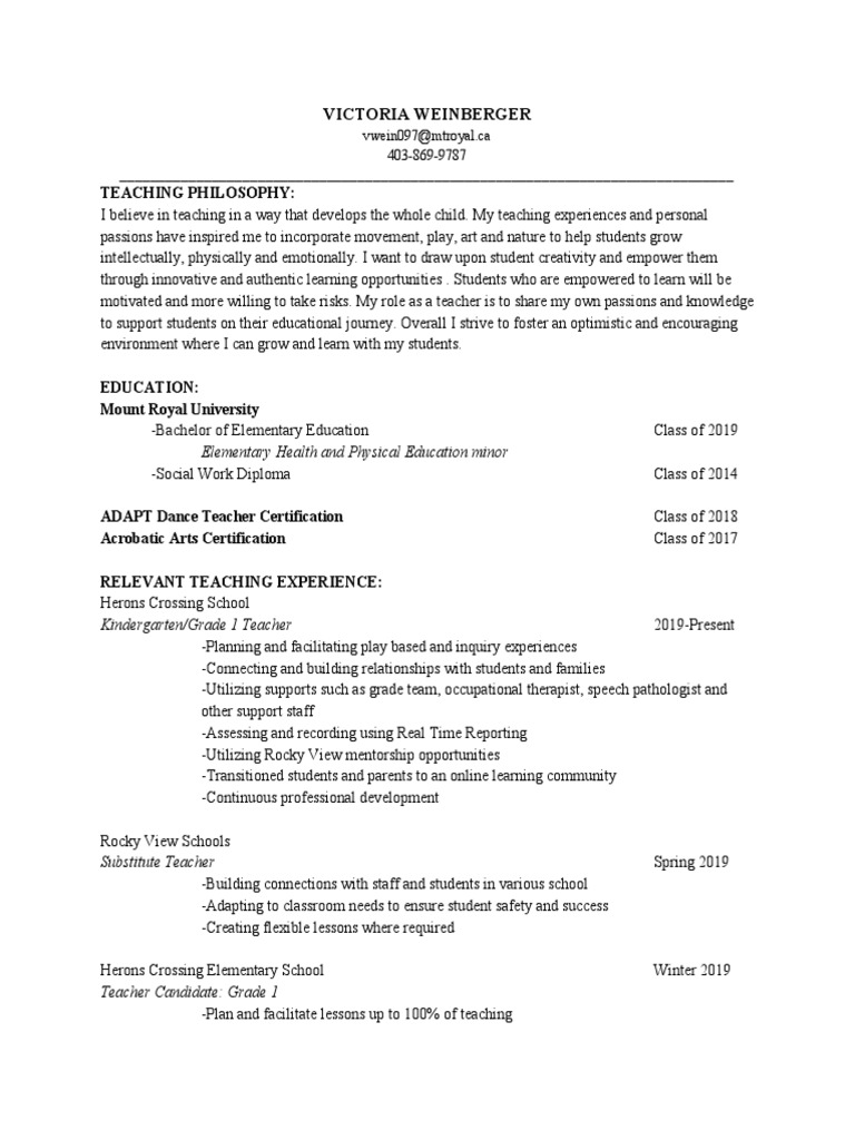 2020 21 Victoria Weinberger Resume | PDF | Schools | Teachers