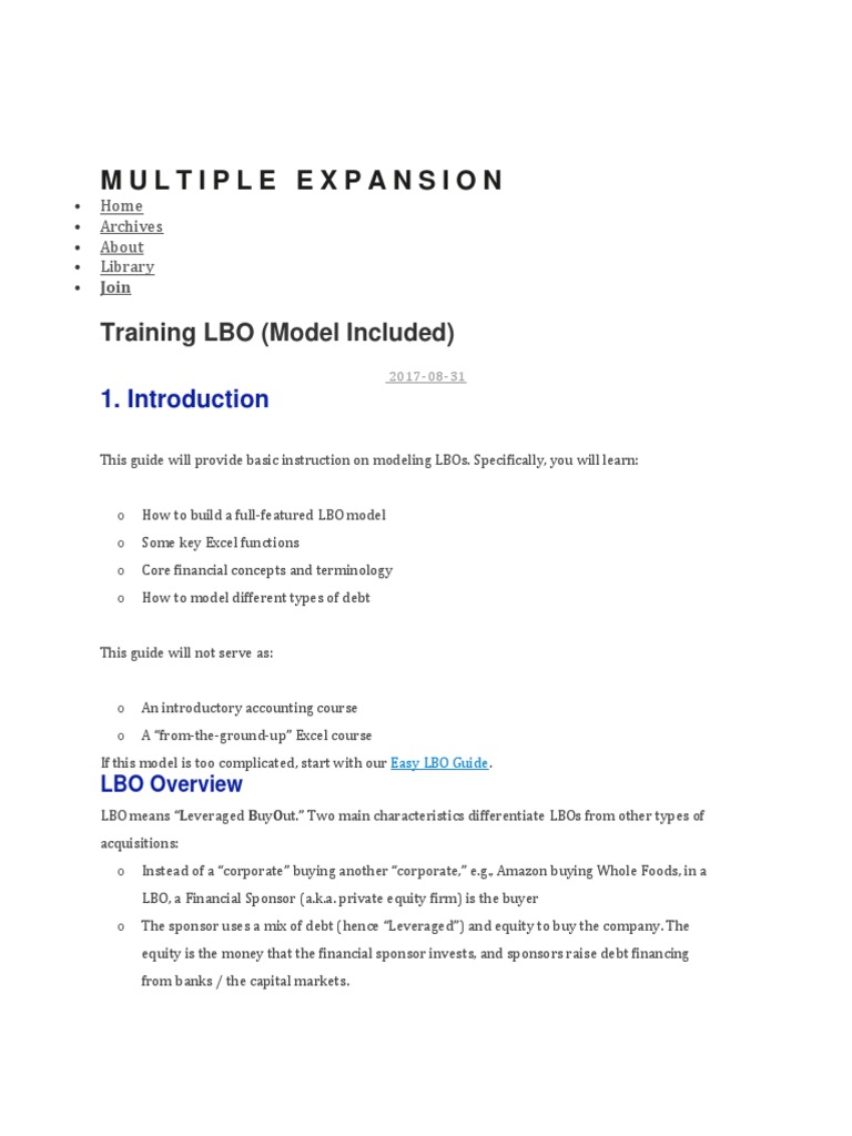Multiple Expansion: Training LBO (Model Included) | PDF | Leveraged ...