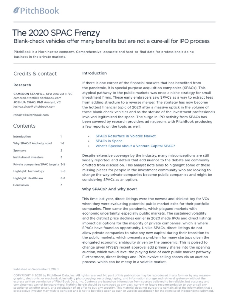 PitchBook Q3 2020 Analyst Note The 2020 SPAC Frenzy | PDF | Venture Capital | Corporate Finance