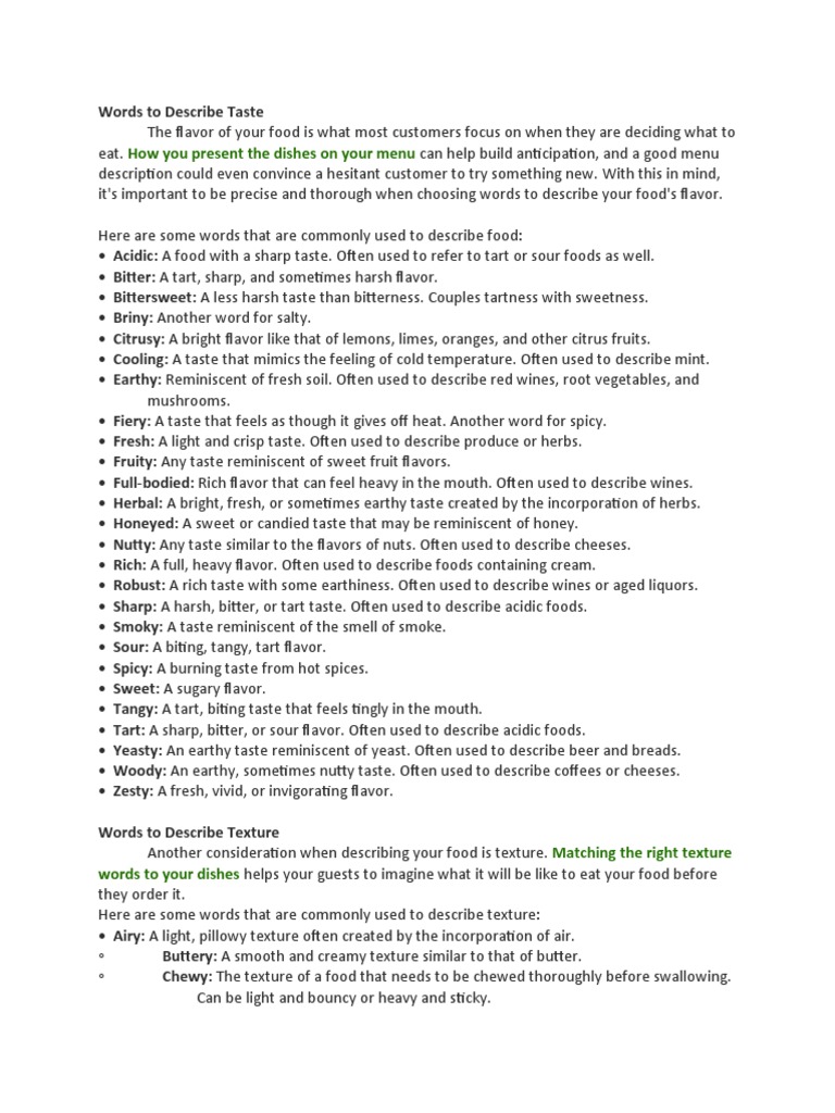 Words To Describe Taste | PDF | Taste | Grilling