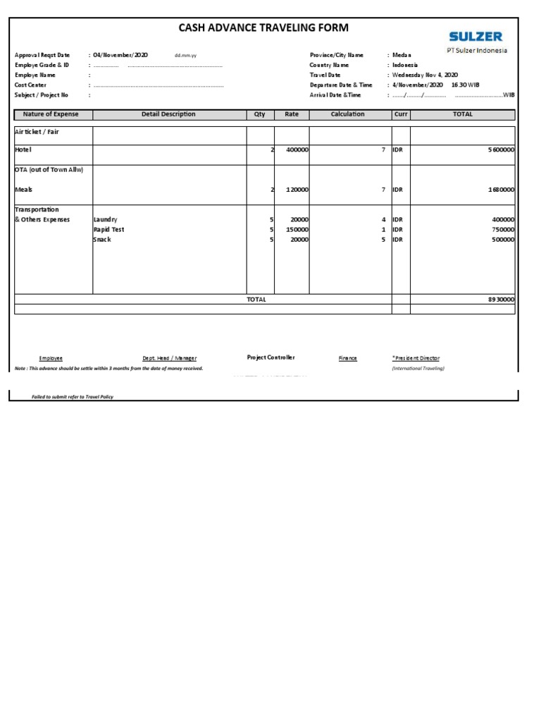 Cash Advance Traveling Form: Nature of Expense Detail Description Qty ...