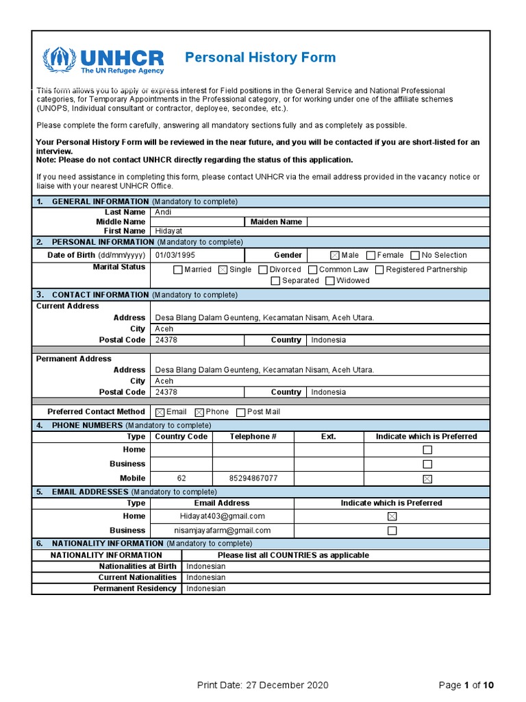 Personal History Form: Print Date: 27 December 2020 Page 1 of 10 ...