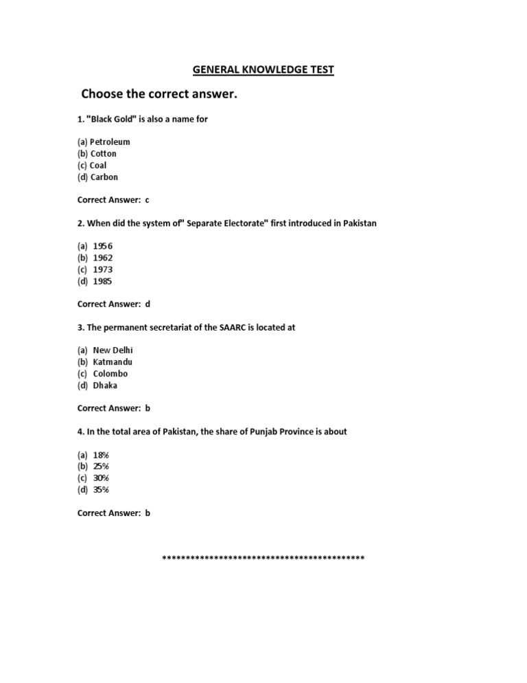 General Knowledge Sample Test | PDF