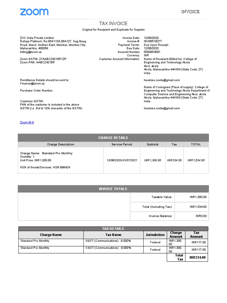 Invoice Tax Invoice: Zoom W-9 | PDF | Invoice | Financial Transaction