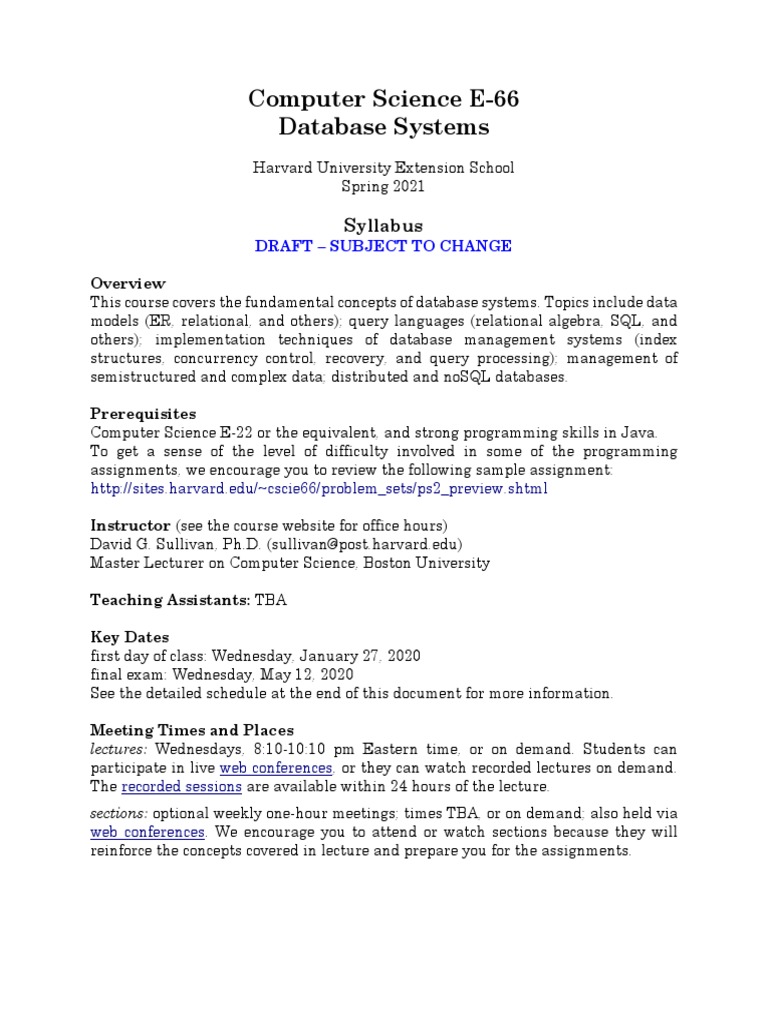 Computer Science E-66 Database Systems: Syllabus | PDF | Relational Database | Databases