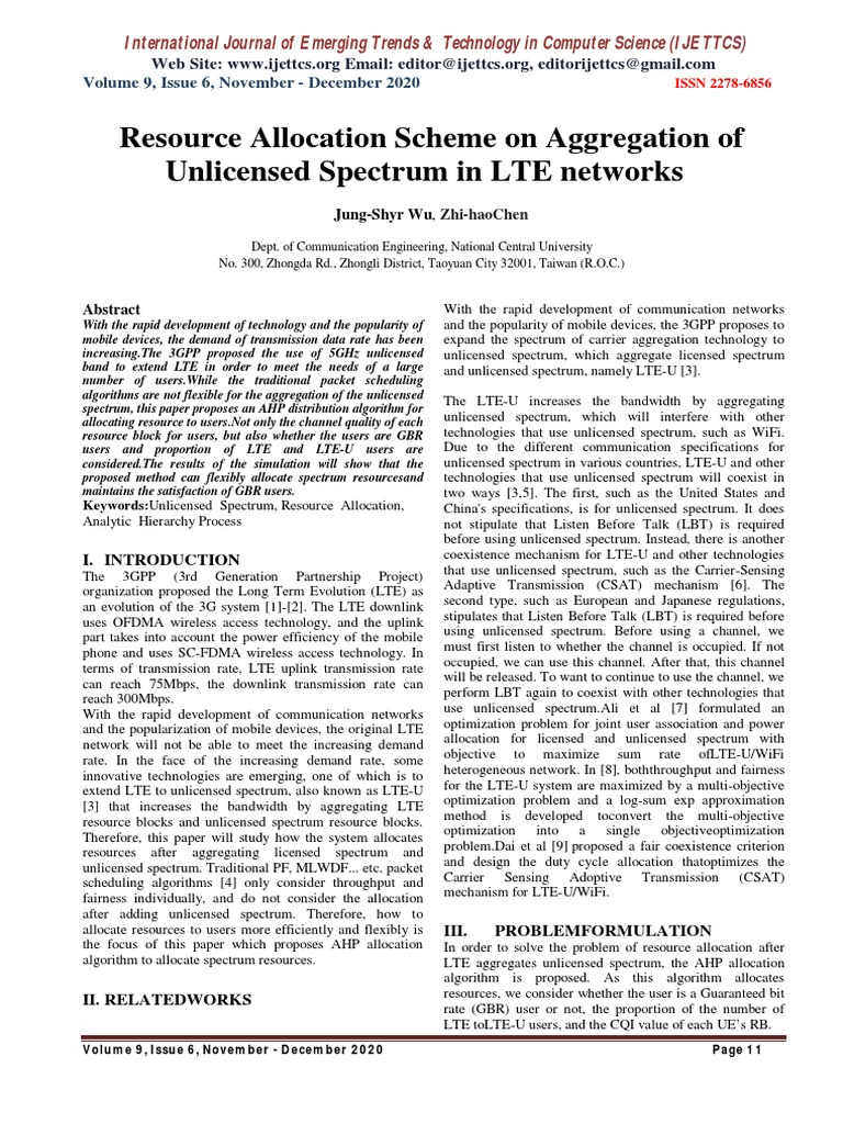 Resource Allocation Scheme On Aggregation of Unlicensed Spectrum in LTE Networks | PDF ...