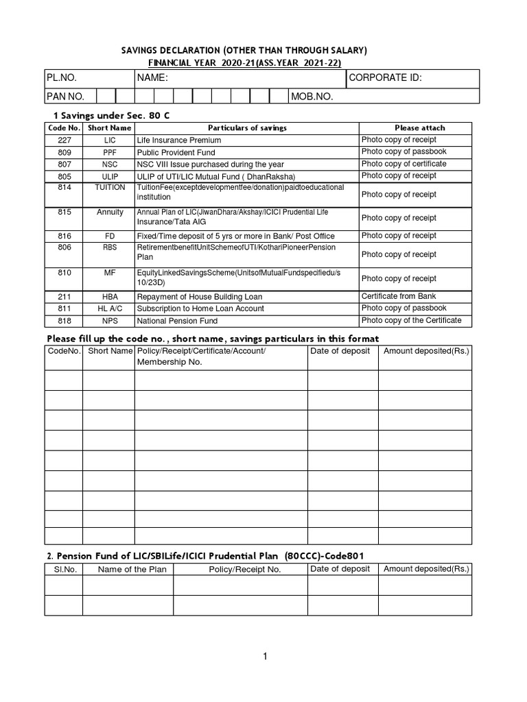 PL - NO. Name: Corporate Id: Pan No. Mob - No.: Savings Declaration ...