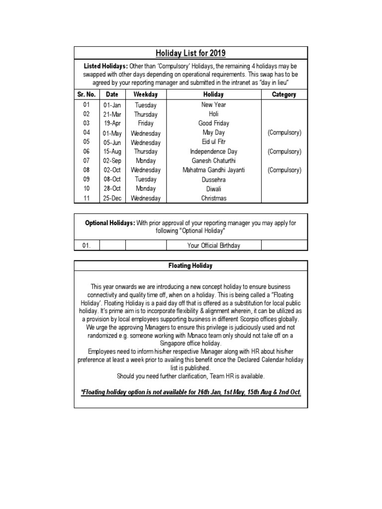 SMM Holiday List 2019 | PDF | Holidays | Festival