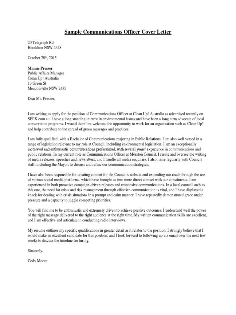 Communications Officer Cover Letter Sample | PDF | Résumé | Communication