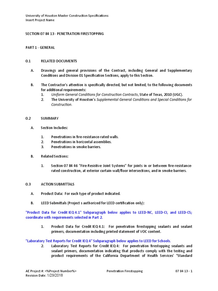 Penetration Firestopping Specifications for the University of Houston ...