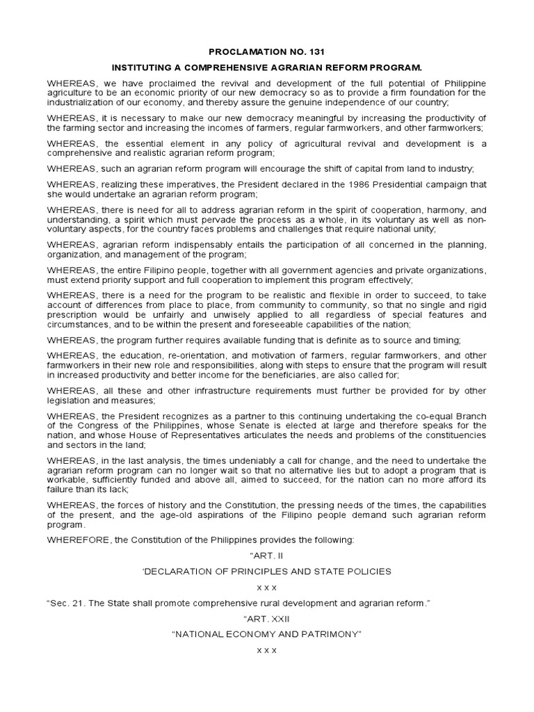 President Corazon Aquino Institutes Comprehensive Agrarian Reform ...