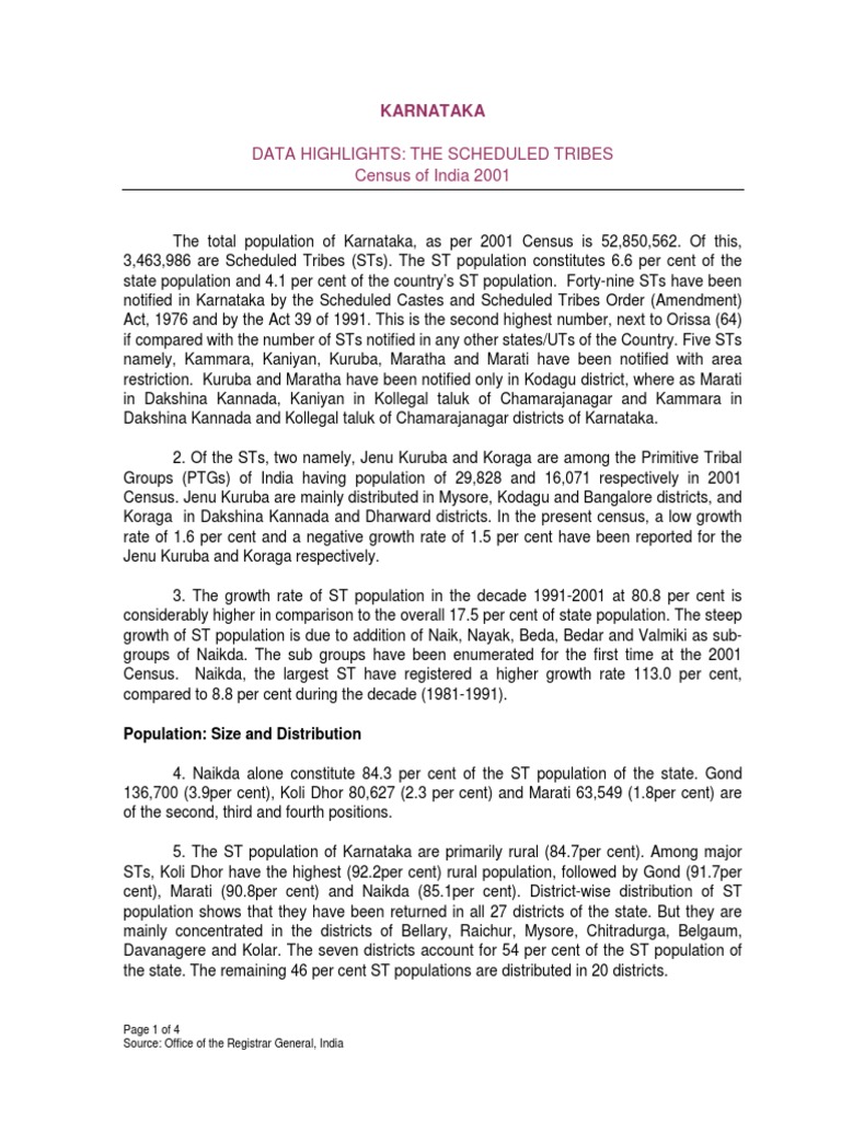 Data Highlights: The Scheduled Tribes Census of India 2001: Karnataka ...