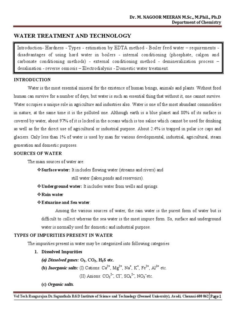 Water Treatment and Technology: Dr. M. NAGOOR MEERAN M.SC., M.Phil., PH ...